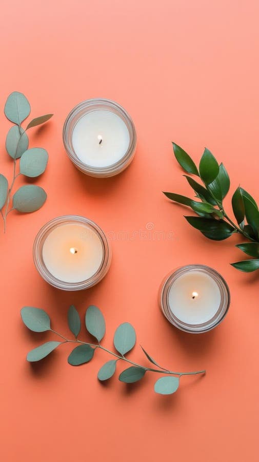 Lit Candles and Greenery on Coral Background Offer a Calming Aesthetic ...