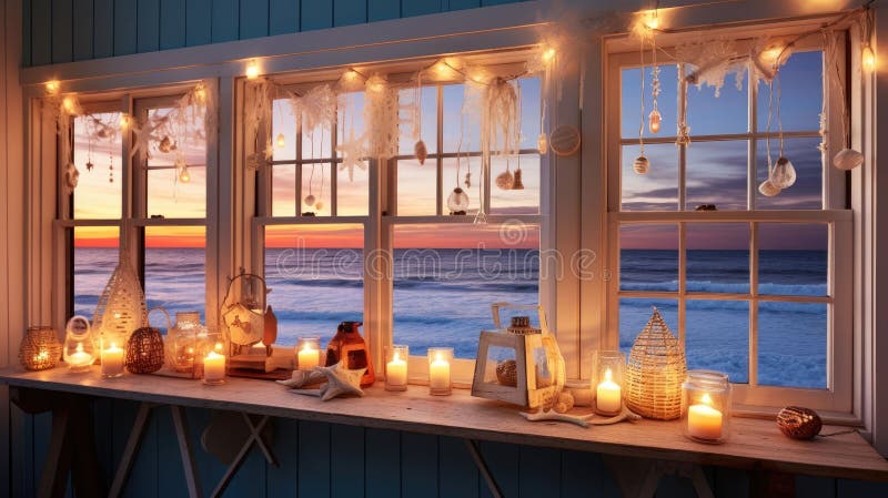 Lit Candles Sit in Front of Two Windows Overlooking the Ocean Stock ...