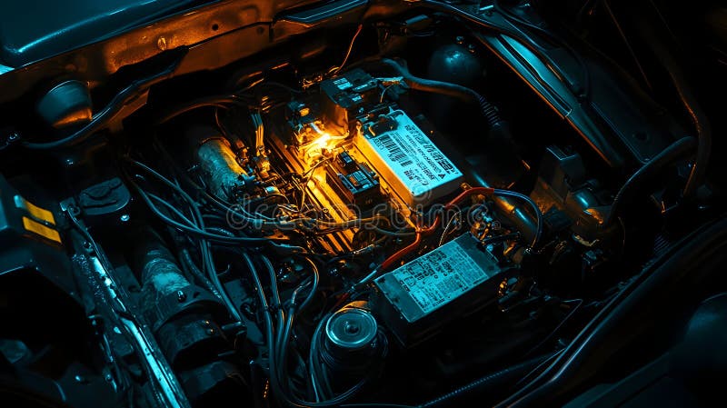 Lit Car Engine Interior with Illuminated Wiring and Components Stock ...