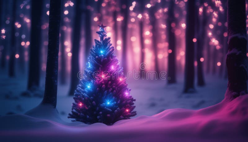 A Lit Christmas Tree in a Snowy Forest Stock Illustration ...