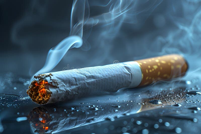 Smoldering Cigarette on Wet Surface with Smoke in Moody Lighting ...