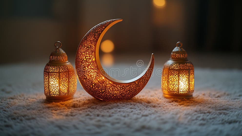 Illuminated Crescent Moon with Festive Lanterns Stock Illustration ...