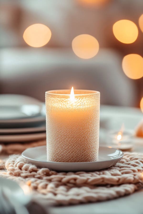 A Lit Decorative Candle on a Plate Surrounded by Warm Bokeh Lights in a ...