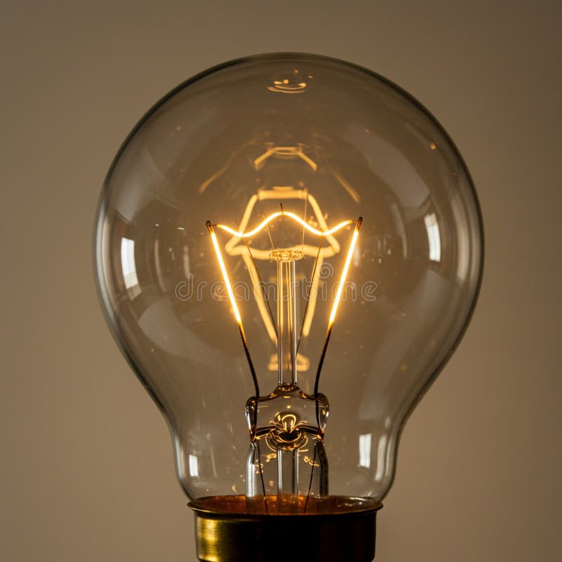 A Lit Incandescent Light Bulb with a Clear Glass Envelope is Pictured ...