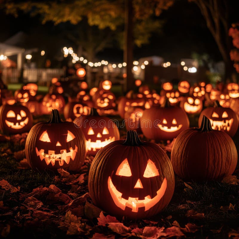 Lit Jack-o -Lanterns on a Field of Fallen Leaves Stock Illustration ...