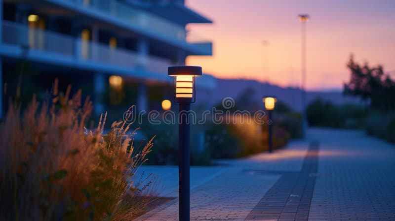 A Lit Lamp Post at Twilight on a Pathway Stock Photo - Image of post ...