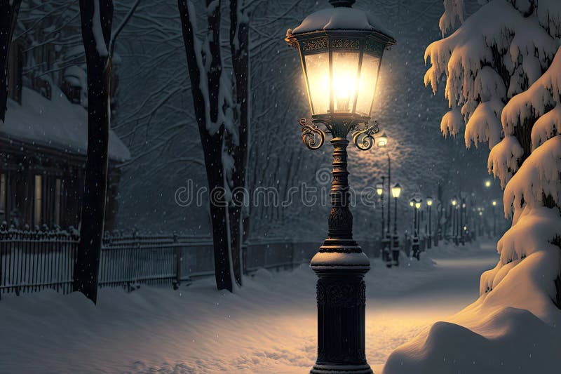 Lit Lamp Post on Winter Evening during Snow Stock Illustration ...
