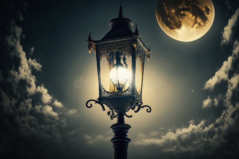Lit Lantern by a Beautiful Full Moon at Night Stock Illustration ...