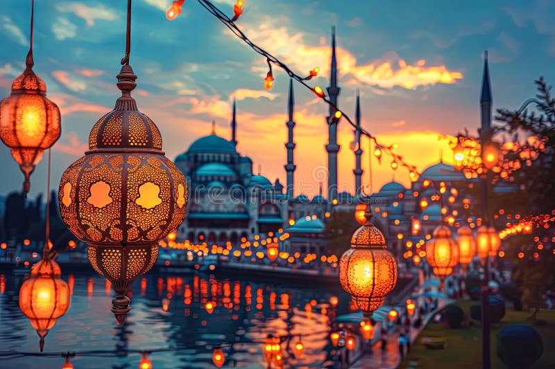 Lit Lantern Hangs Over a Body of Water in Front of a Large Building ...