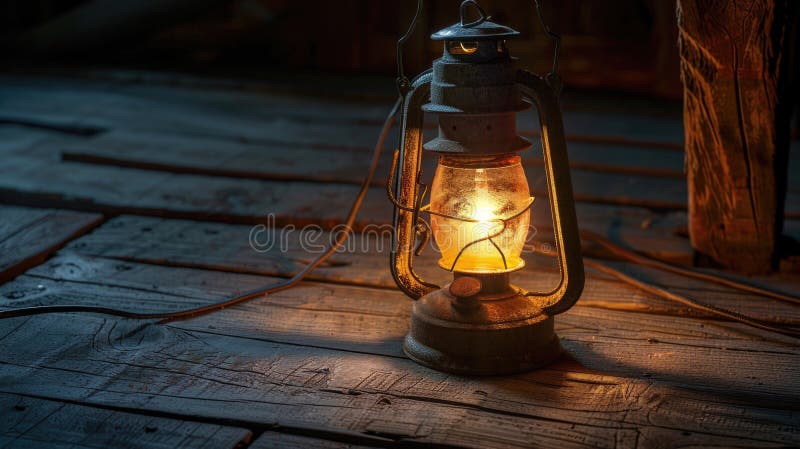 A Lit Lantern Sits on a Wooden Floor, Providing Warm Light Stock Image ...