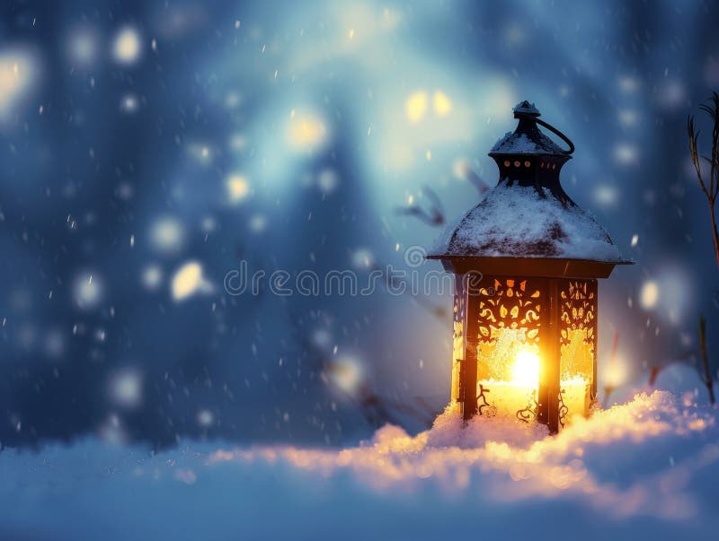 Lit Lantern in the Snow during a Winter Evening with Snowfall in the ...