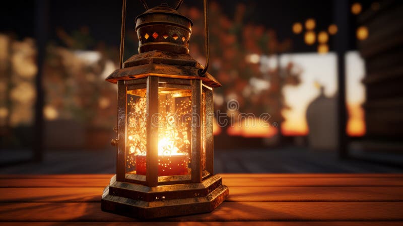 Lit Lantern on Wooden Table. Generative AI. Stock Illustration ...