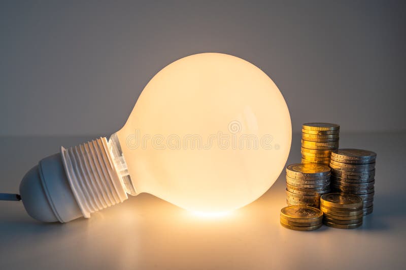 Lit Light Bulb with Coins beside it. Energy Tariffs Increase. Stock ...