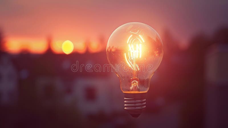 A Lit Light Bulb with the Filament Glowing Against a Colorful Sunset in ...