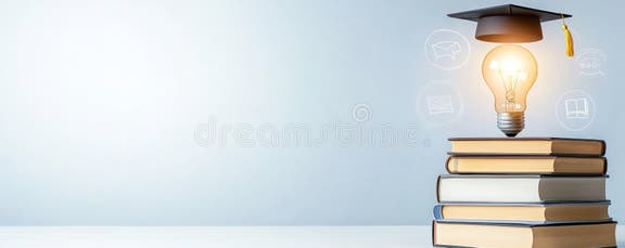 Illuminated Light Bulb Wearing Graduation Cap Atop Books, Surrounded by ...
