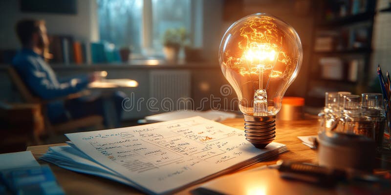 Bright Light Bulb Shining on Notebook with Project Sketches, Man ...