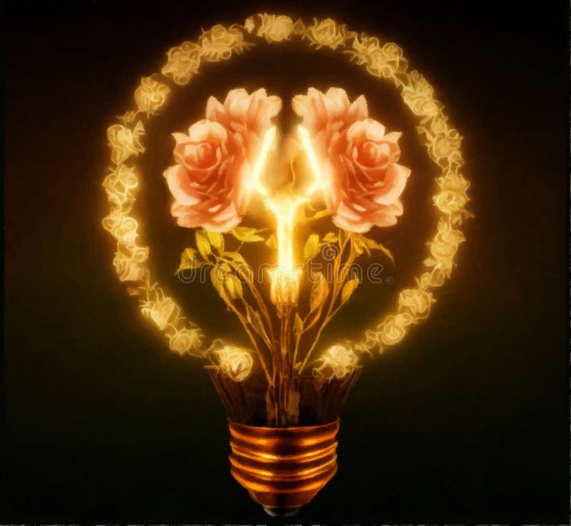Lit Light Bulb with Pink Roses Wallpaper. AI Stock Illustration ...