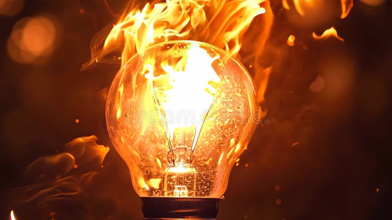 A Light Bulb with Fire Coming Out of it on a Black Background Stock ...