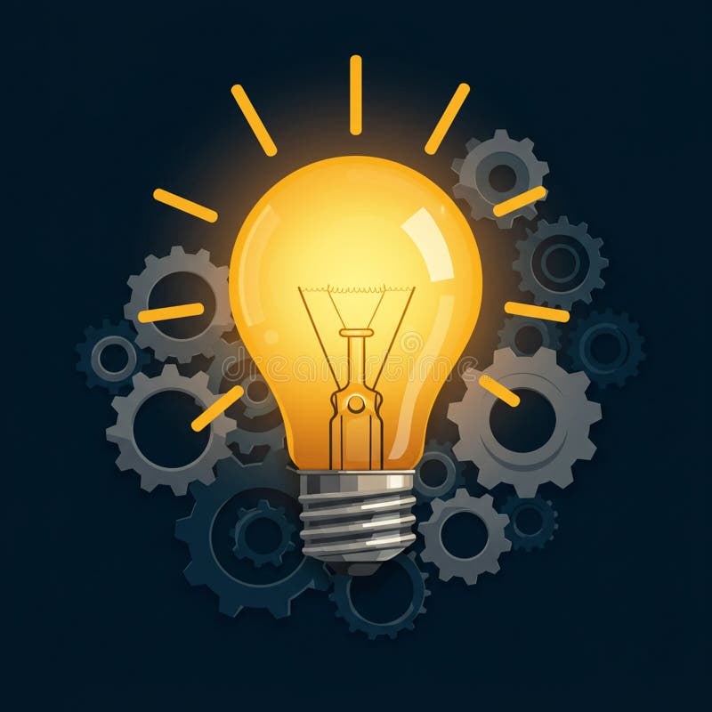 A Lit Lightbulb Radiates Yellow Light, Surrounded by Interlocking Gears ...