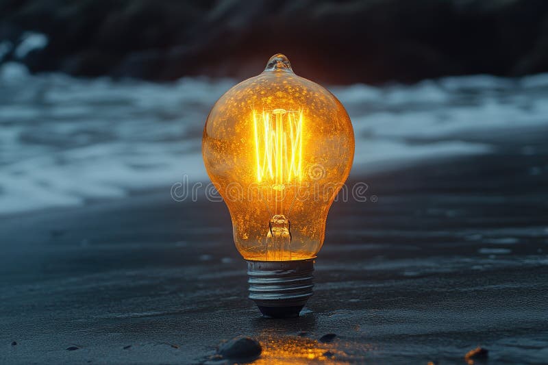 Glowing Vintage Light Bulb on Dark Beach at Night Stock Illustration ...