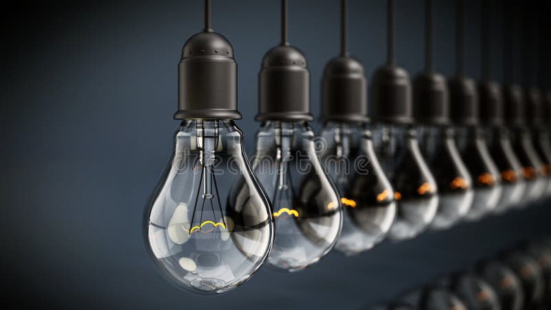 Lit Lightbulb Stands Out among Lightbulbs in a Row. 3D Illustration ...