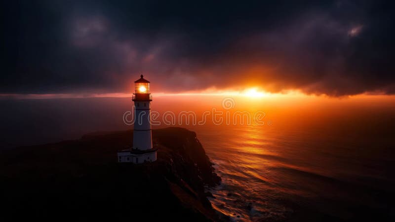 A Lit Lighthouse on the Edge of an Evening Coast with Thick Dark Clouds ...