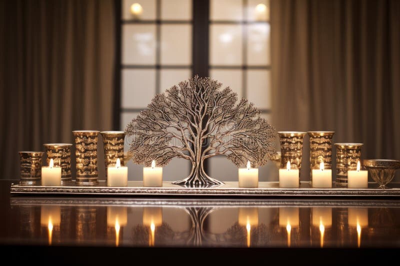 Lit Menorah with Intricate Design Reflecting on a Polished Table ...