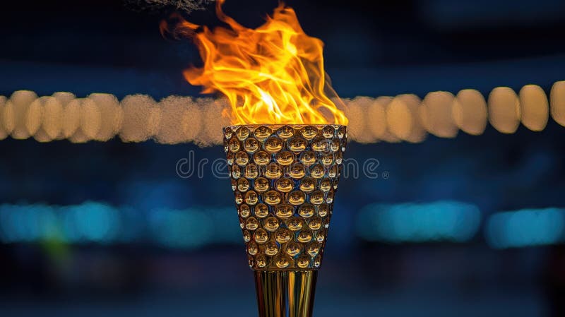 Lit Olympic Torch with Vibrant Flame in Night Stadium Scene Stock ...