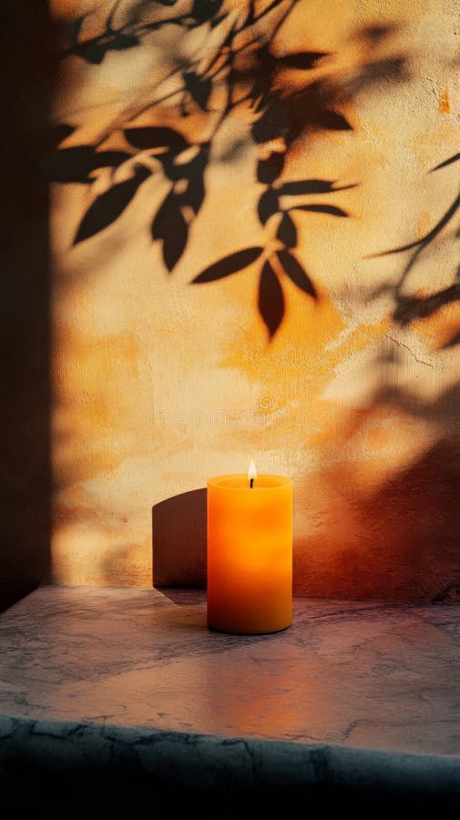 Lit Orange Candle on Marble Surface with Leaf Shadows on Wall, Serene ...