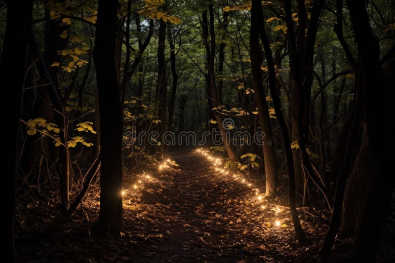 A Lit Path in a Dark Forest Stock Photo - Image of solitude, generated: 292888836