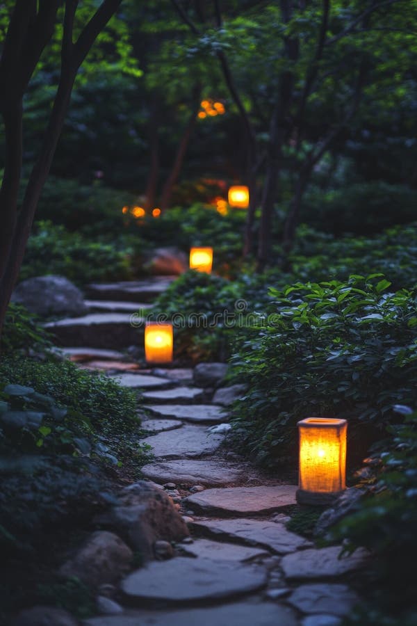Lit Path Lanterns Garden Nighttime Atmosphere Stock Photos - Free ...