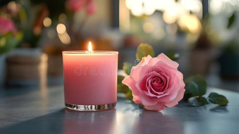 A Lit Pink Candle beside a Pink Rose Stock Illustration - Illustration ...