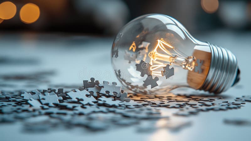 Lit Puzzle Pieces Inside Light Bulb on Table Stock Illustration ...