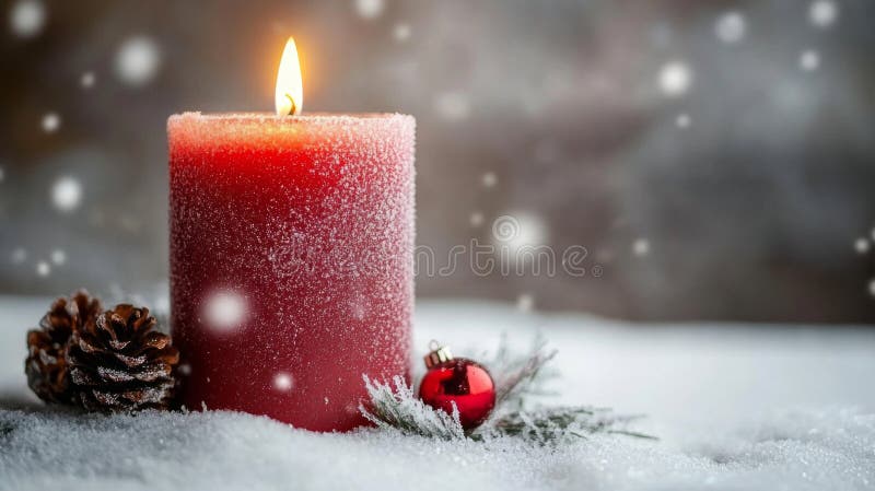 A Lit Red Candle in a Snowy Winter Scene Stock Illustration ...