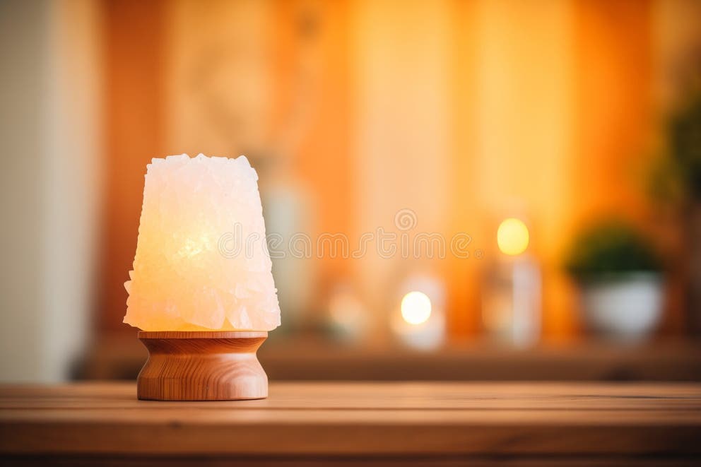 A Lit Salt Lamp on a Wooden Table Stock Image - Image of home, wellness ...