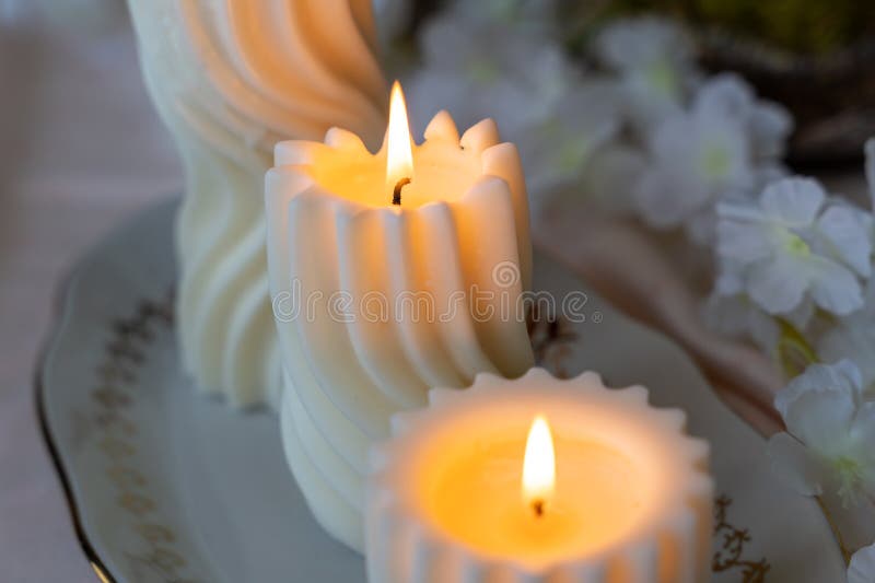 Lit Spiral Swirl Pattern White Soy Wax Candles Stock Photo - Image of ...