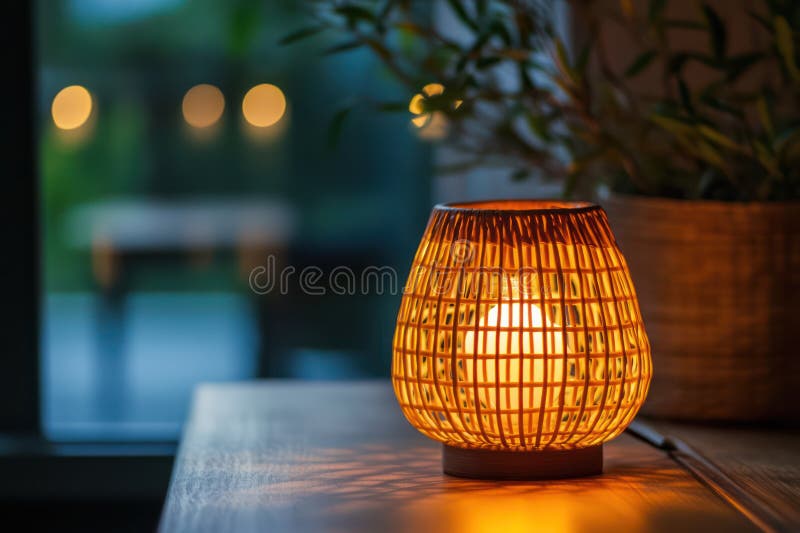 Lit Table Lamp on Wooden Surface Cozy Atmosphere Stock Image - Image of ...