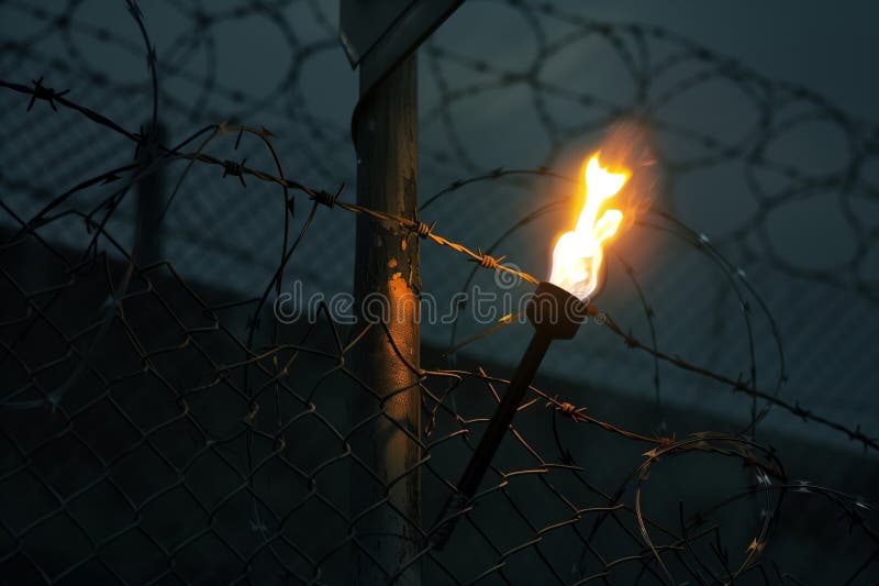 Lit Torch Behind a Barbedwire Fence in the Dark Stock Photo - Image of ...
