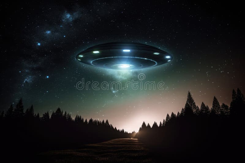 Lit Ufo Hovering Above Field at Night, Created Using Generative Ai ...