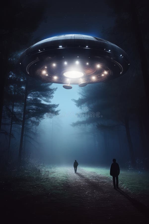 Lit Ufo Hovering Above People in Field at Night, Created Using ...