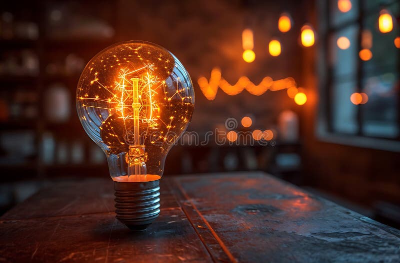 A Lit Up Bulb Sits on a Table in Front of a Window Stock Image - Image ...