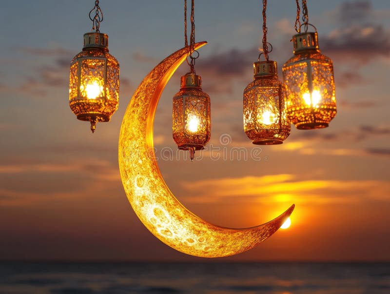 Lit Up Crescent Moon is Hanging from a String of Lanterns Stock Photo ...