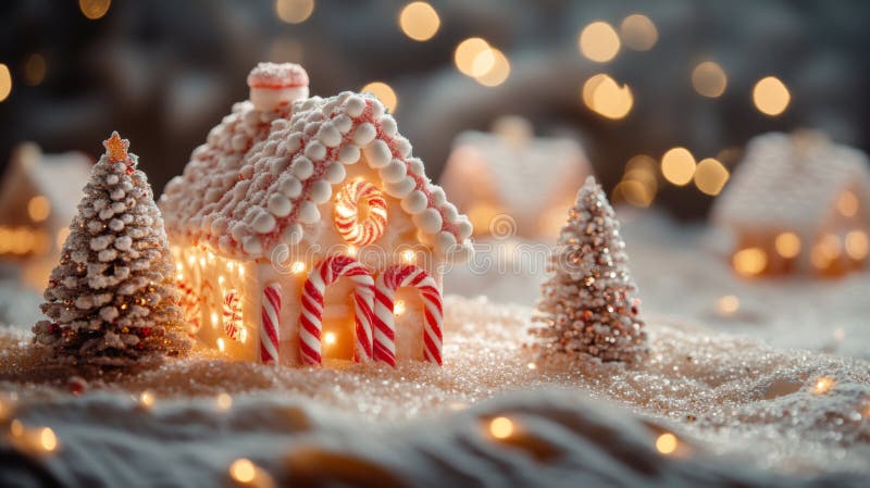 A Lit-Up Gingerbread House with Candy Cane Accents in a Snowy Setting ...