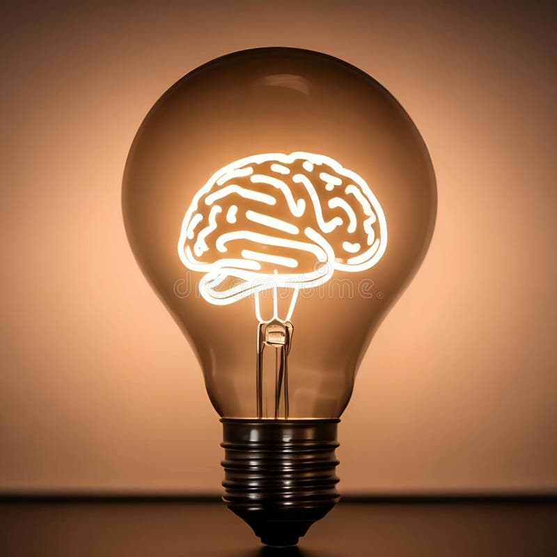 Lit Up Light Bulb with Human Brain Inside Stock Illustration ...