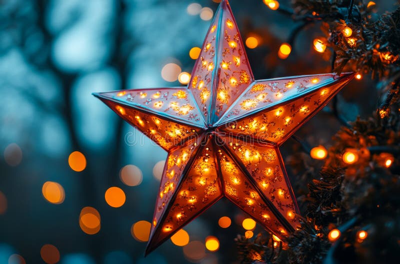 A Lit Up Star is Hanging from a Tree Stock Image - Image of festive ...