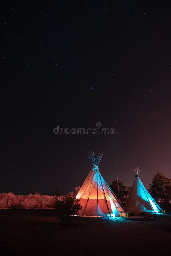 Lit Up Teepees at Night Under a Sky of Stars in Marfa, Texas Stock ...