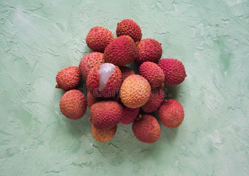 Ripe Lychees on a Green Table. Top View. Stock Image - Image of eating ...