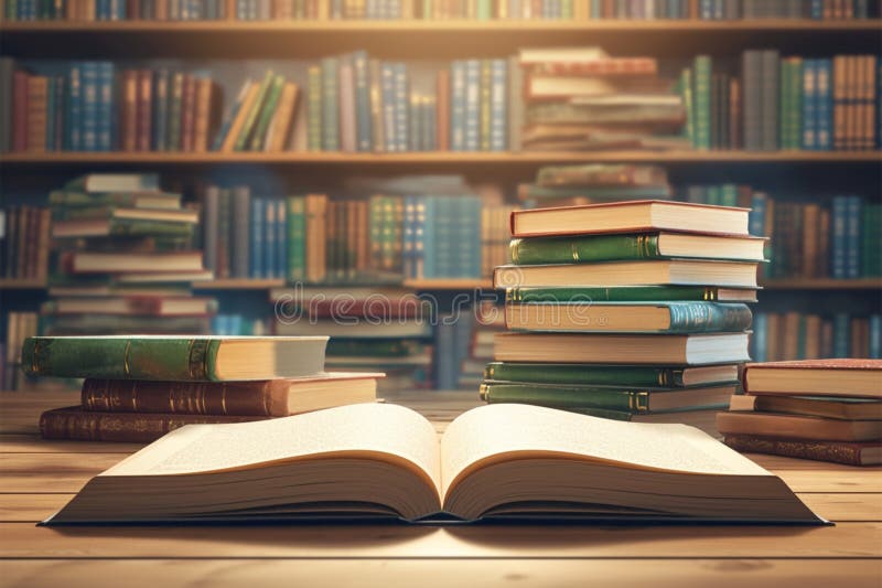Literary Ambiance Stack of Books on Table in Library Setting Stock ...