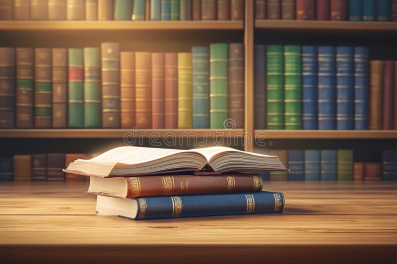 Literary Ambiance Stack of Books on Table in Library Setting Stock ...