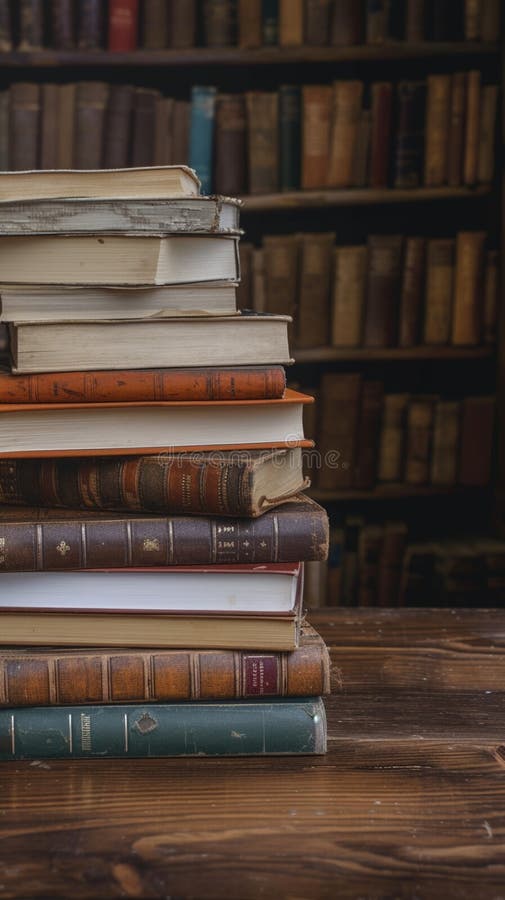 Literary Composition Stack of Books Over Wooden Table for Education ...